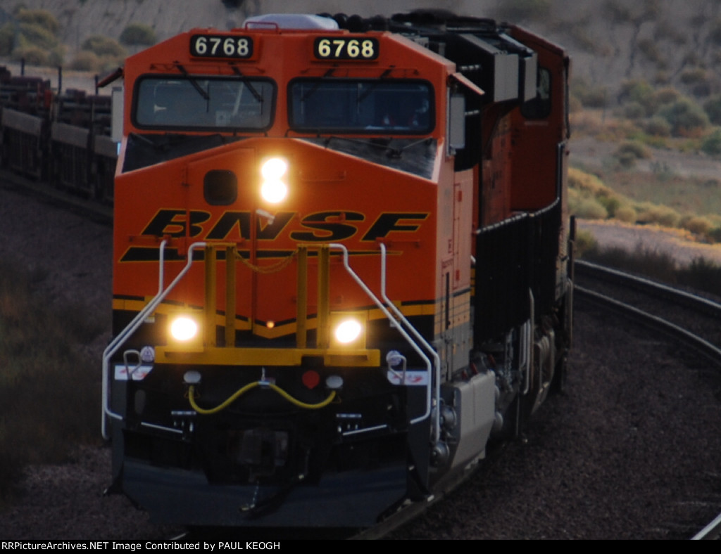 Zoom in shot of BNSF 6768 as she heads towards LA.
